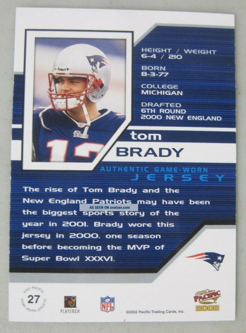 2002 PACIFIC GAME WORN JERSEY FOOTBALL CARD 27 TOM BRADY ENGLAND ...