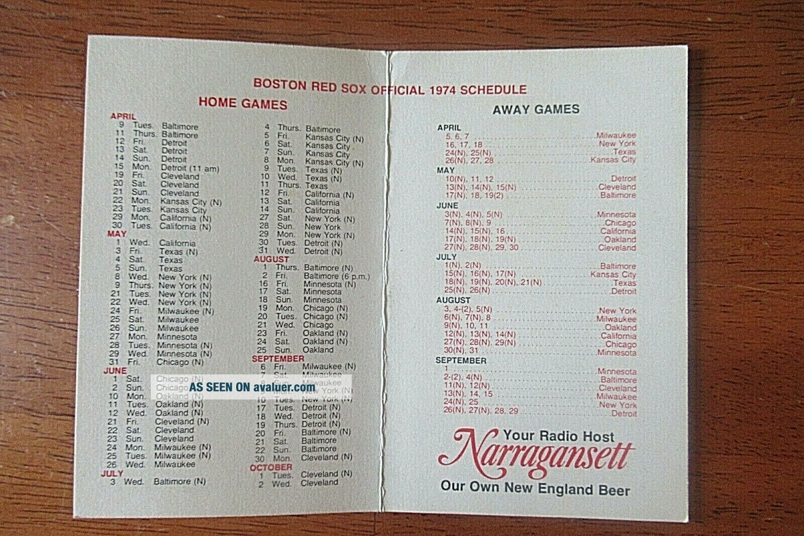 1974 BOSTON RED SOX Pocket Schedule NARRAGANSETT BEER MLB Major League ...