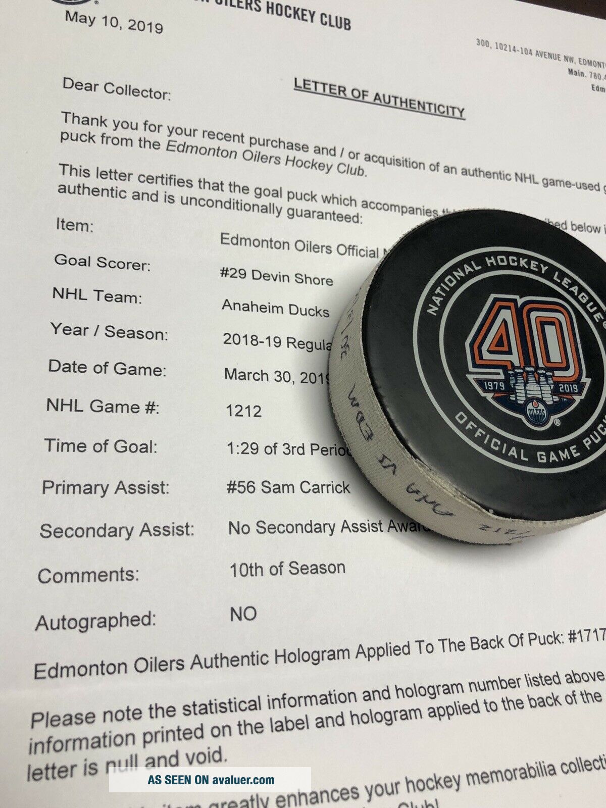Anaheim Ducks Devin Shore NHL Goal Puck GAME OILERS | #6104325