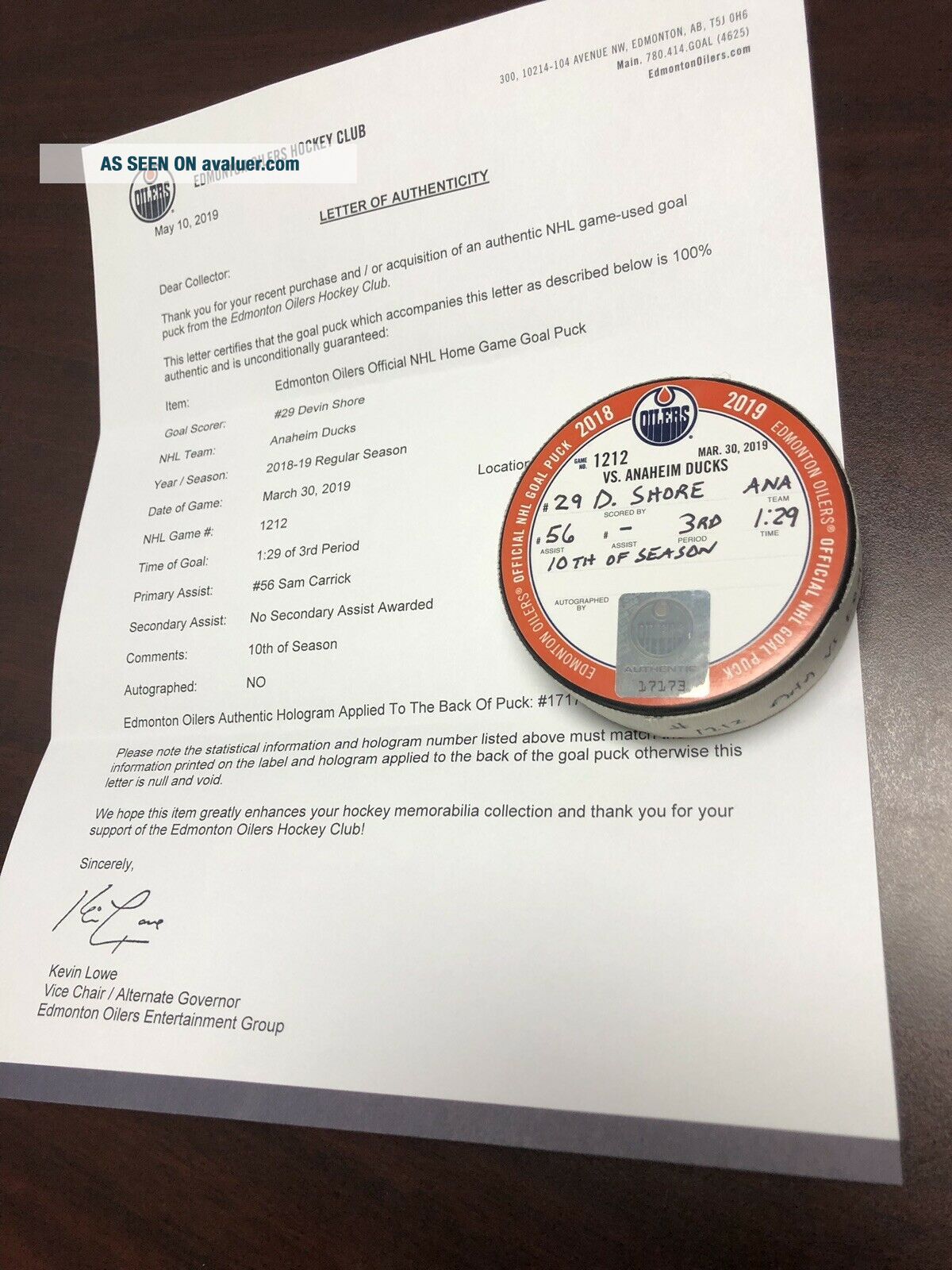 Anaheim Ducks Devin Shore NHL Goal Puck GAME OILERS | #6104325