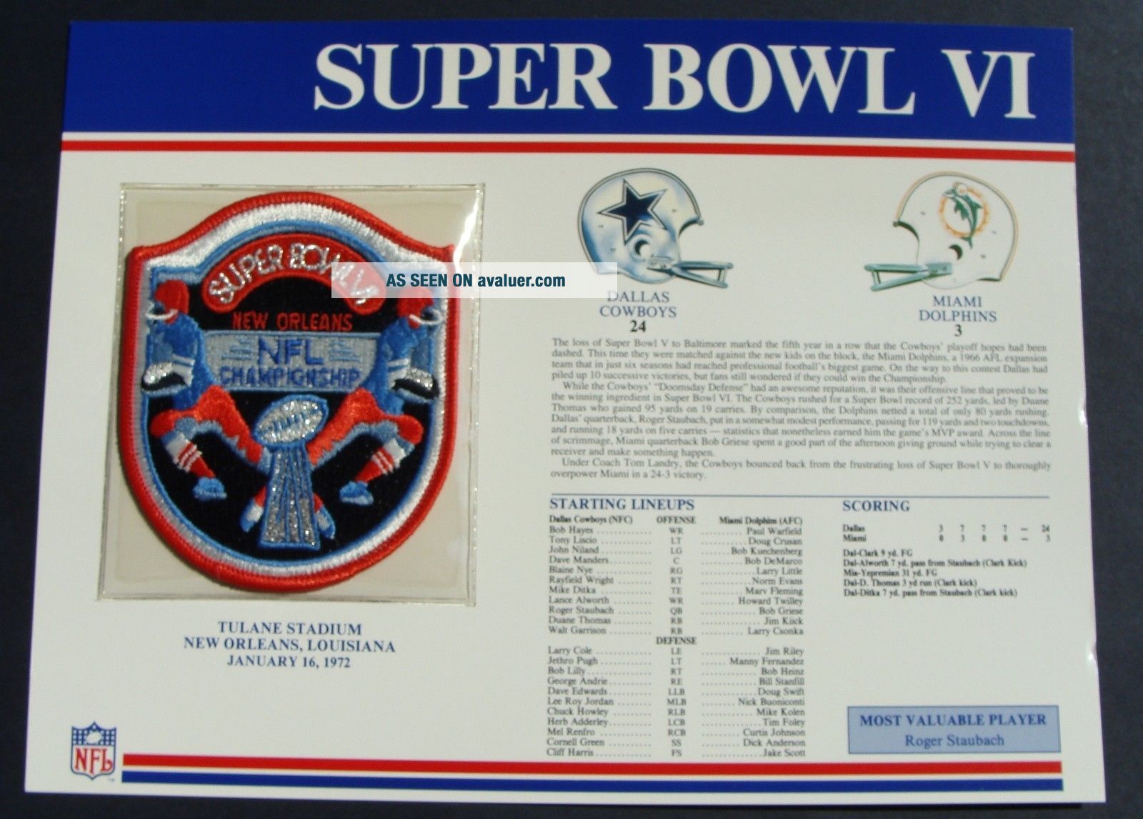 1972 NFL Bowl VI (6) Patch Dallas Cowboys Vs Dolphins Willabee & Ward ...