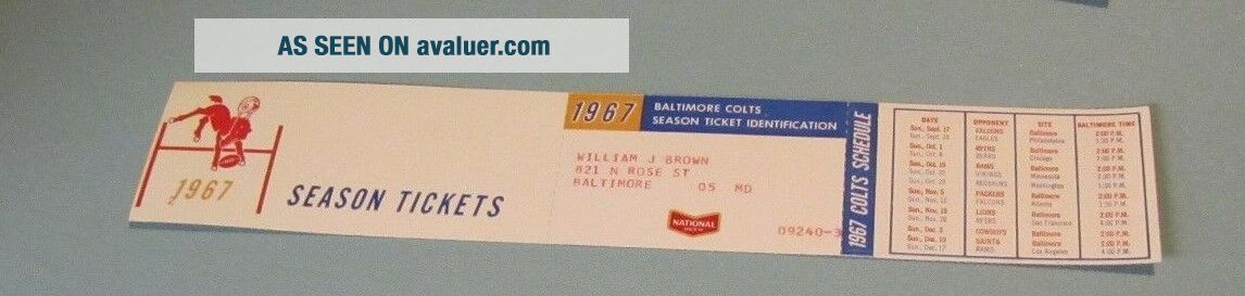 1967 Baltimore Colts National Beer NFL Football Schedule Season Ticket ...