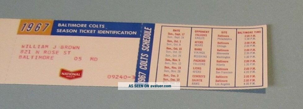 1967 Baltimore Colts National Beer NFL Football Schedule Season Ticket ...