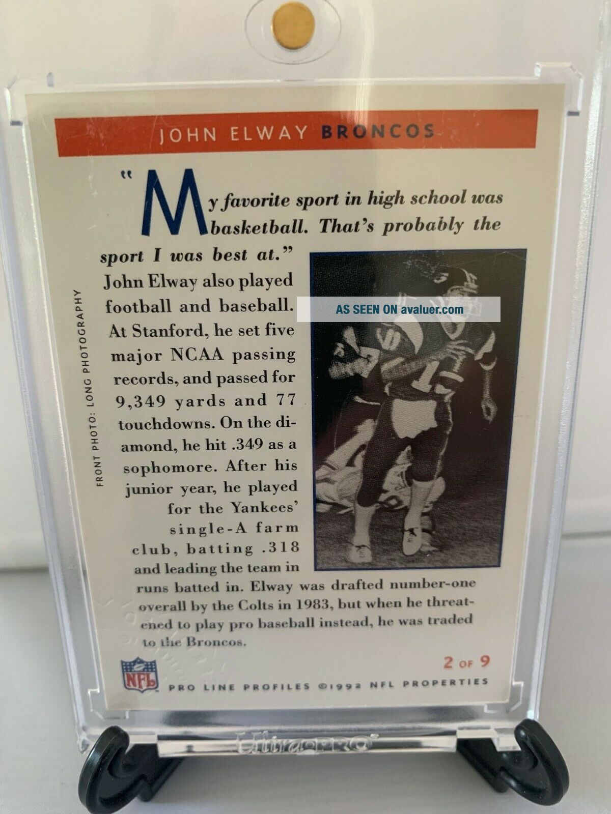 1992 Pro Line Profiles John Elway AUTO On Card Autograph HOF W/ NFL ...