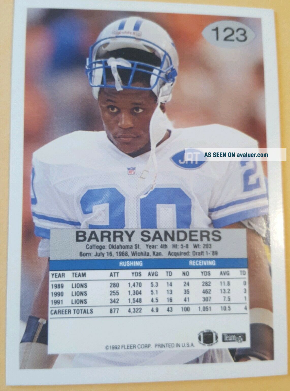 Barry Sanders 1992 Fleer Football Card Autograph Detroit Lions NFL HOF ...