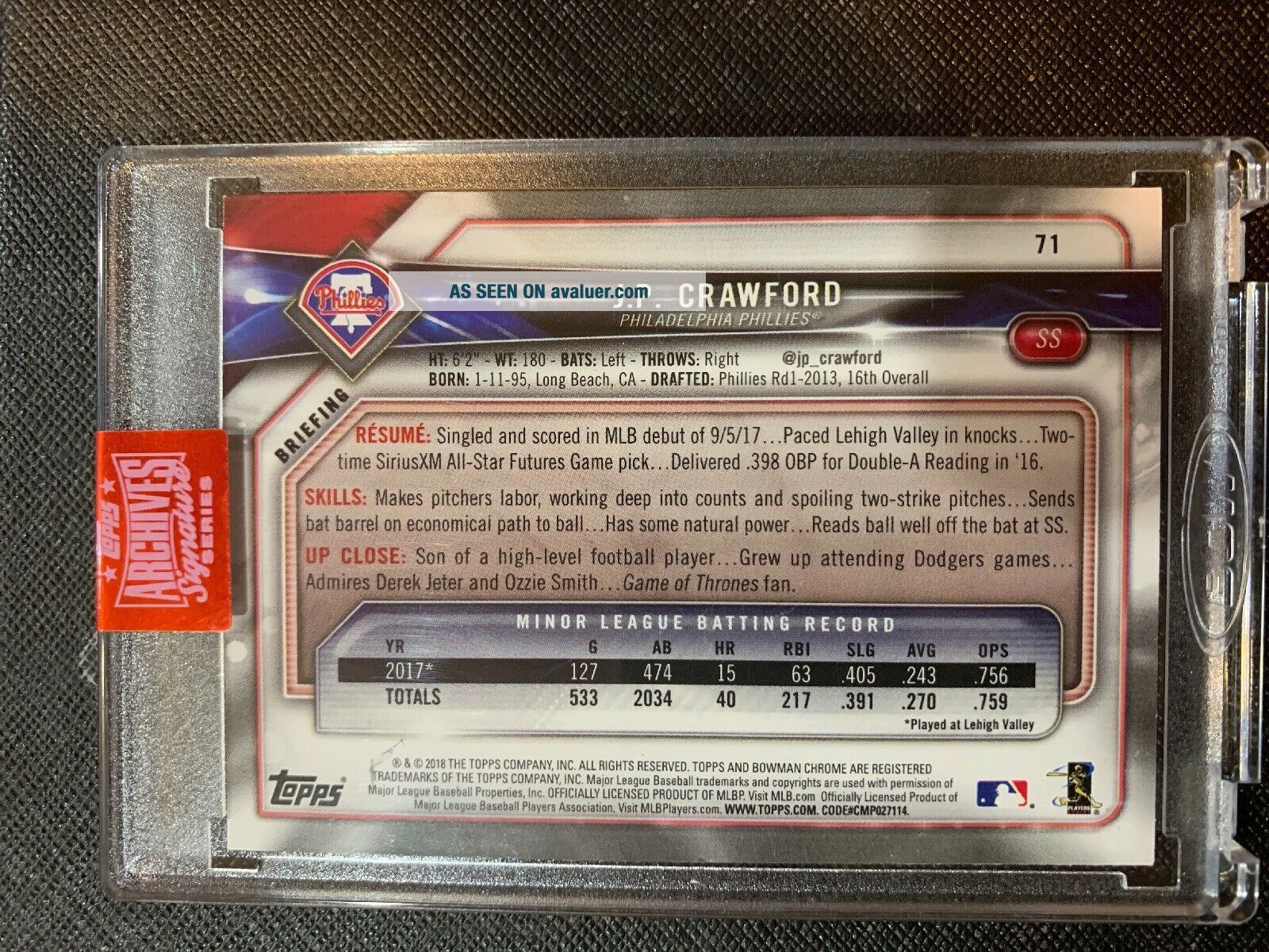 2019 TOPPS ARCHIVES SIGNATURE SERIES J. P. CRAWFORD 40/55 On Card Auto ...