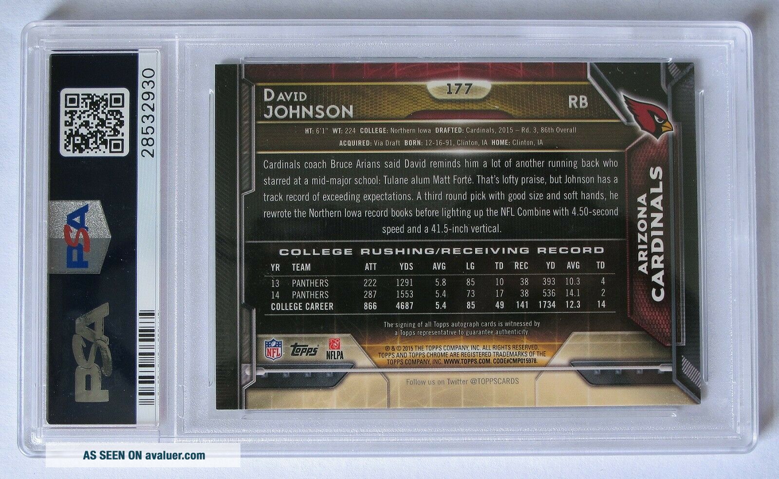 David Johnson 2015 Topps Chrome RC On Card Auto PSA Gem MT 10 Rookie ...