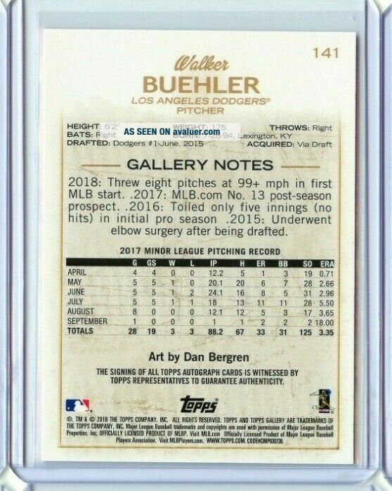 WALKER BUEHLER 2018 Topps Gallery Rookie Autograph RC Dodgers | #6663809