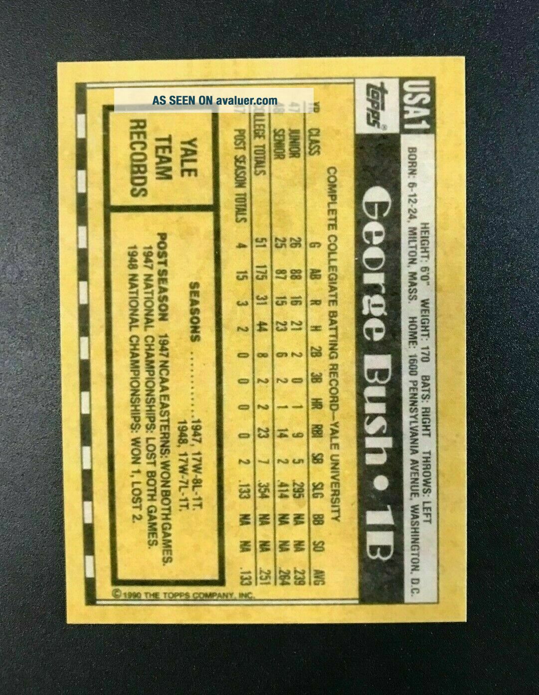 1990 Topps Baseball USA1 President George Bush Yale University College ...