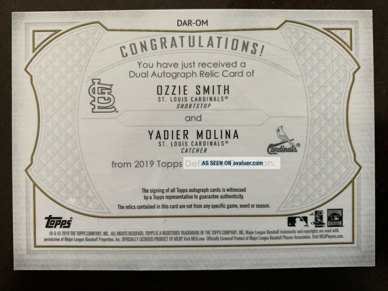 OZZIE SMITH YADIER MOLINA 2019 Topps Definitive Dual AUTO Relic ...