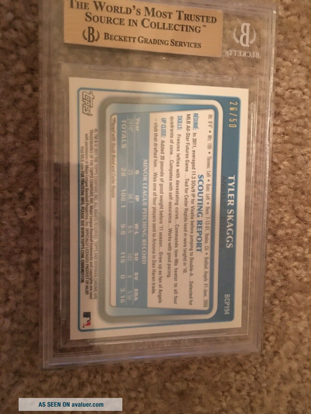 2011 Bowman Chrome Tyler Skaggs Gold Non Auto Refractor PRISTINE BGS 10 ...