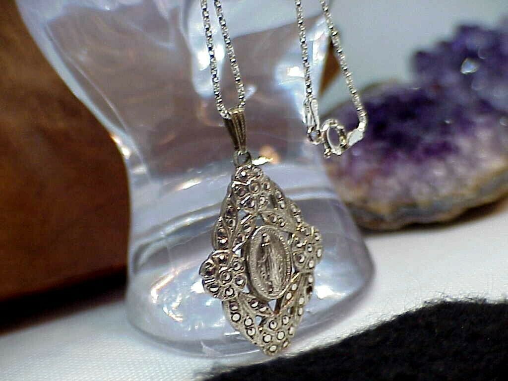 Antique Sterling Silver Miraculous Mary Marcasite Roses Medal Pendant ...