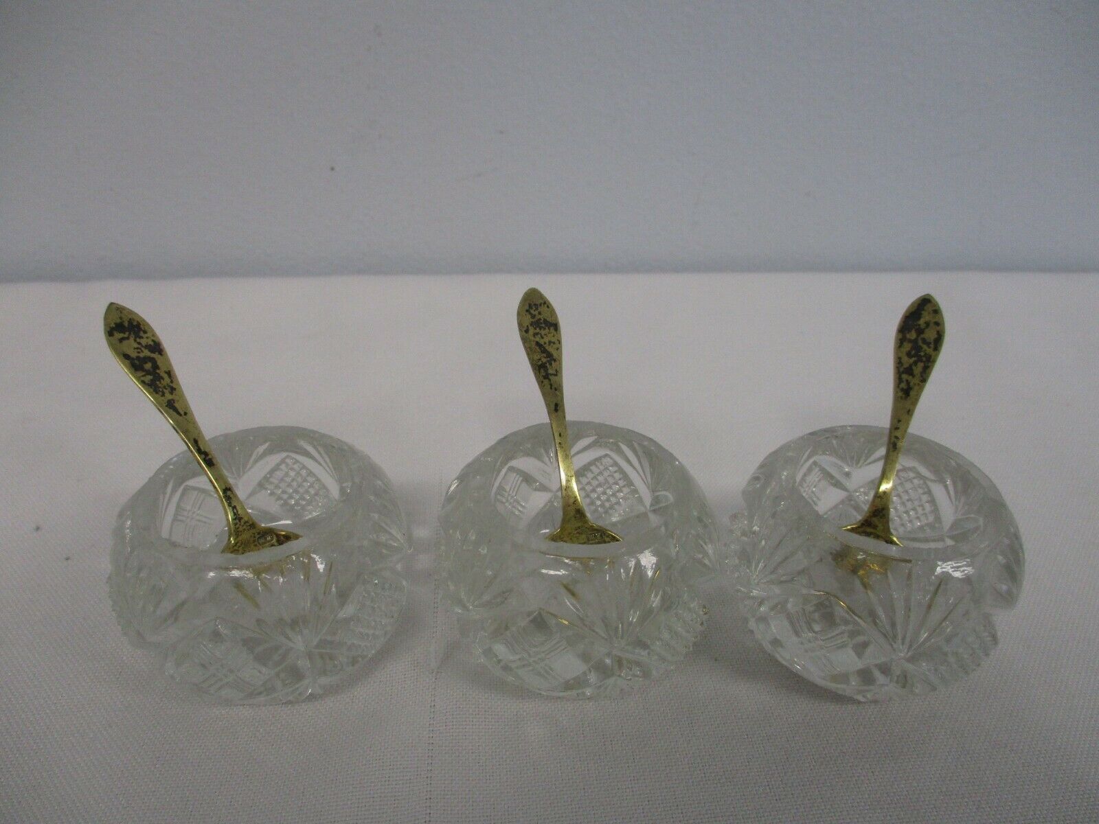 3 PRESSED GLASS OPEN SALT CELLARS With RM STERLING SILVER SPOONS ...