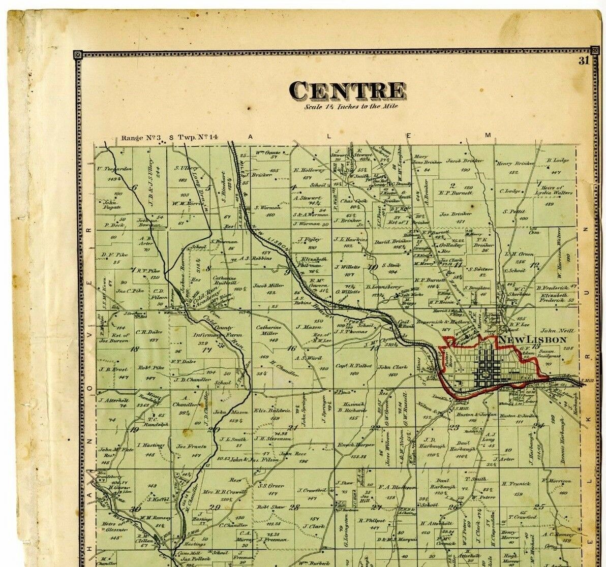 Rare 1870 Map Of Centre, Ohio, With Family Names, From Columbiana ...