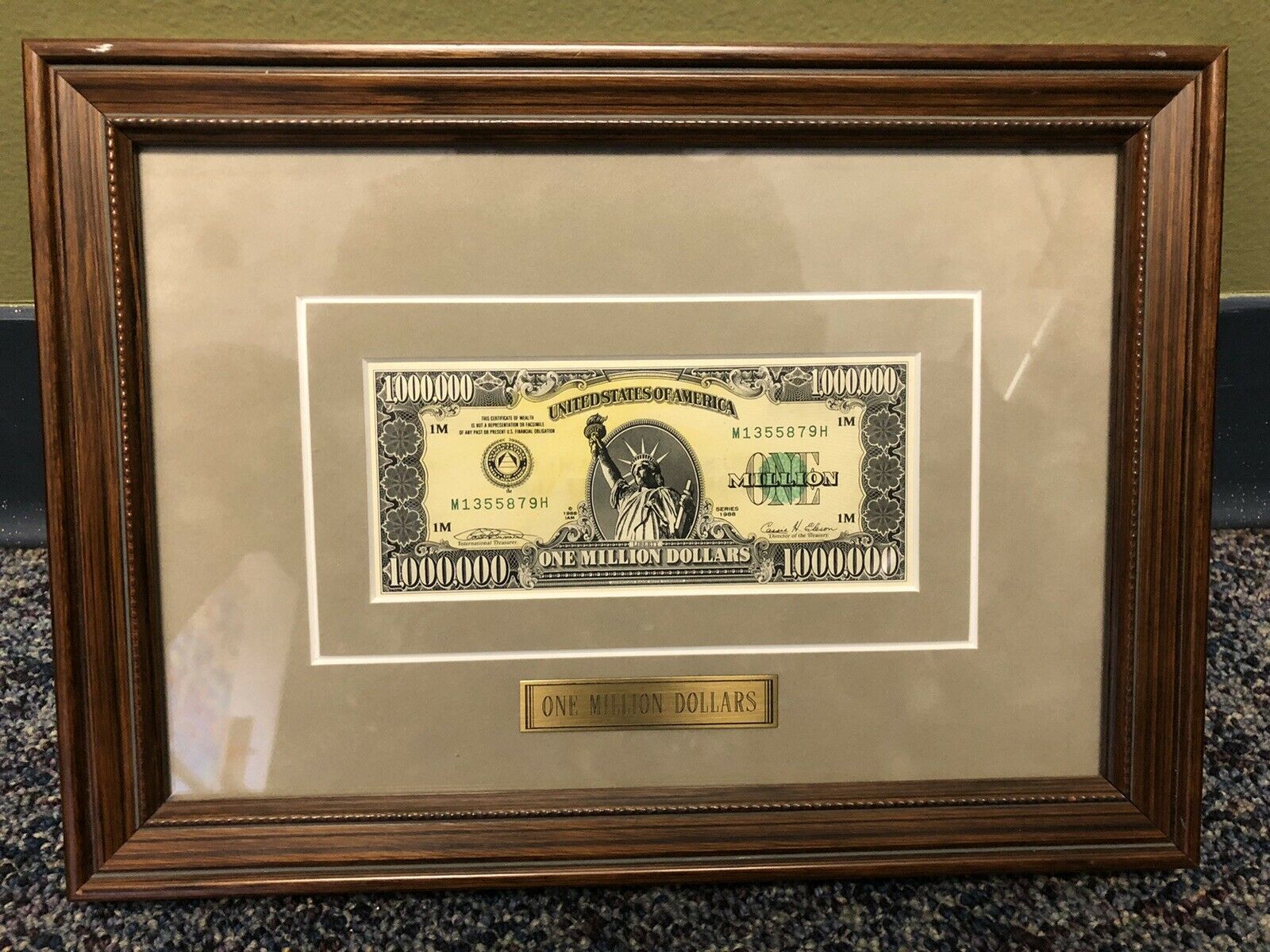 1988 Authentic 1 MILLION DOLLARS BANKNOTE W/COA In Rare Custom Shadow ...