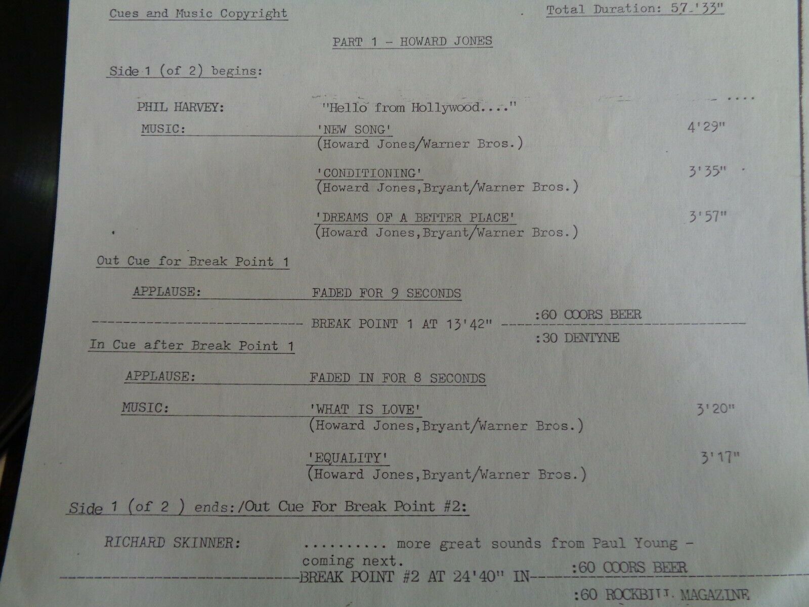 HOWARD JONES/PAUL YOUNG BBC ROCK HOUR ONE LP RADIO ONLY PROMO RARE LIVE ...