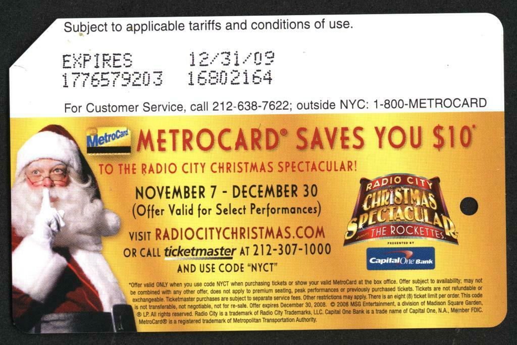 RARE Set Of 2 METROCARD. RADIO CITY CHRISTMAS. SPONSER CAPITAL ONE BANK ...