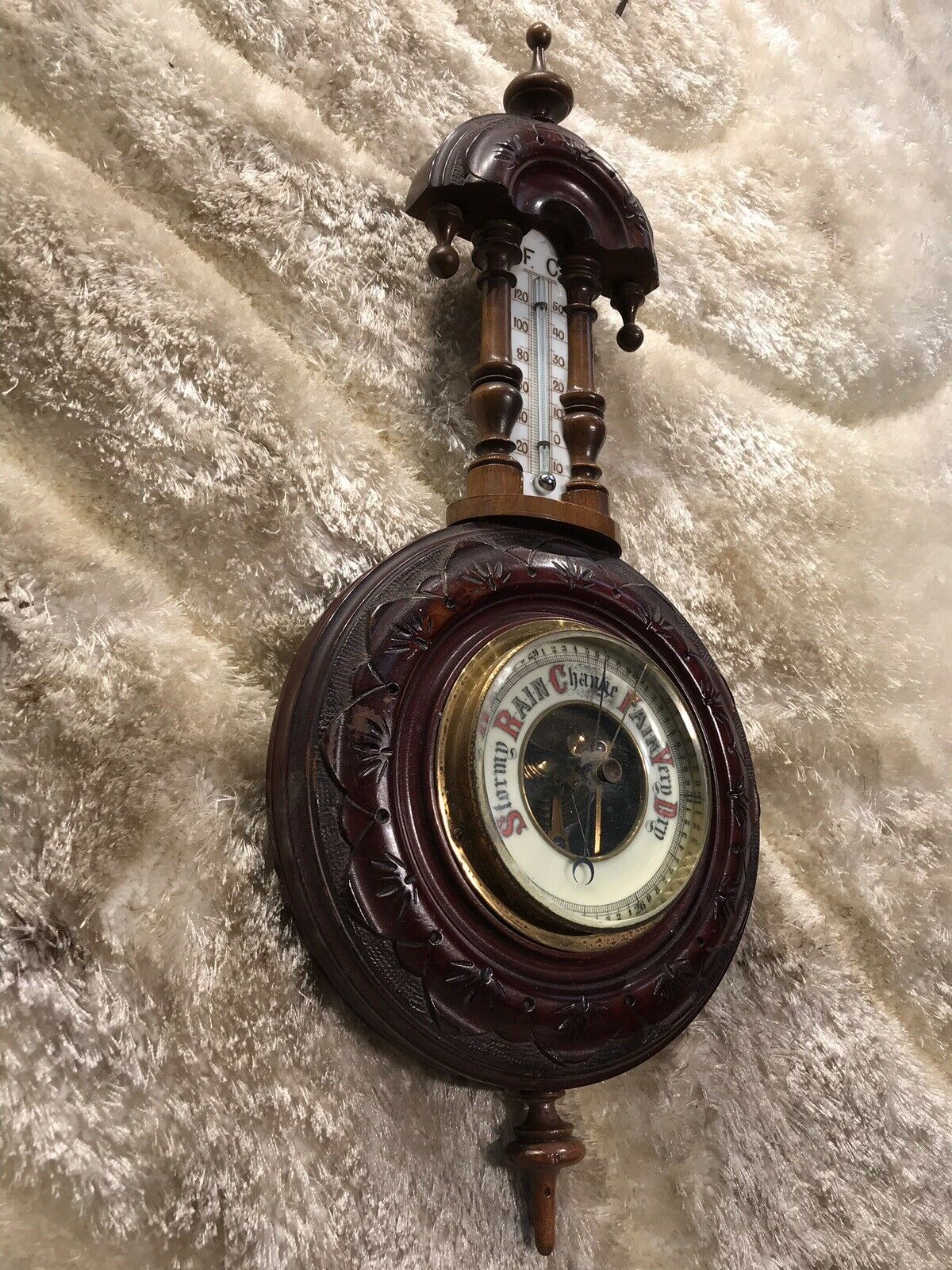 RARE VINTAGE ANTIQUE GERMANY WALL BAROMETER AND THERMOMETER WITH WALNUT ...