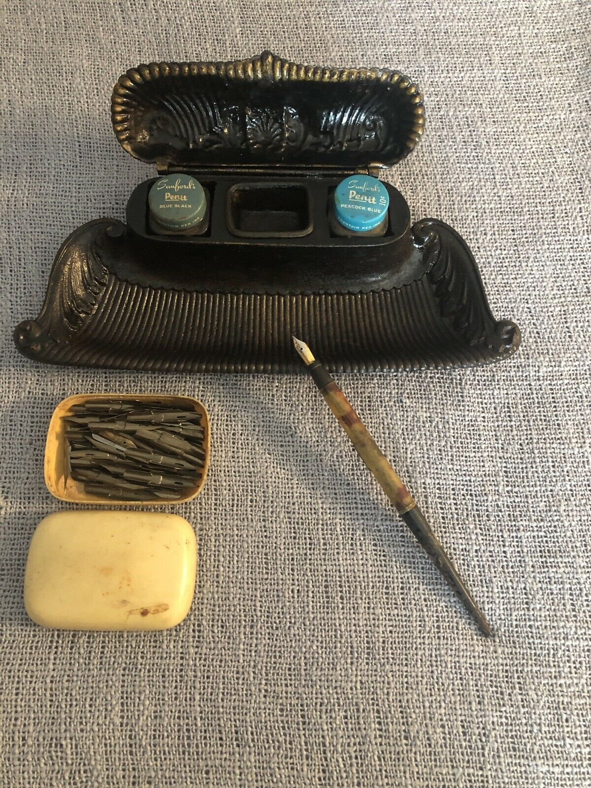 Antique Cast Iron Fountain Pen Ink Well With Nibs And Ink | #19769755