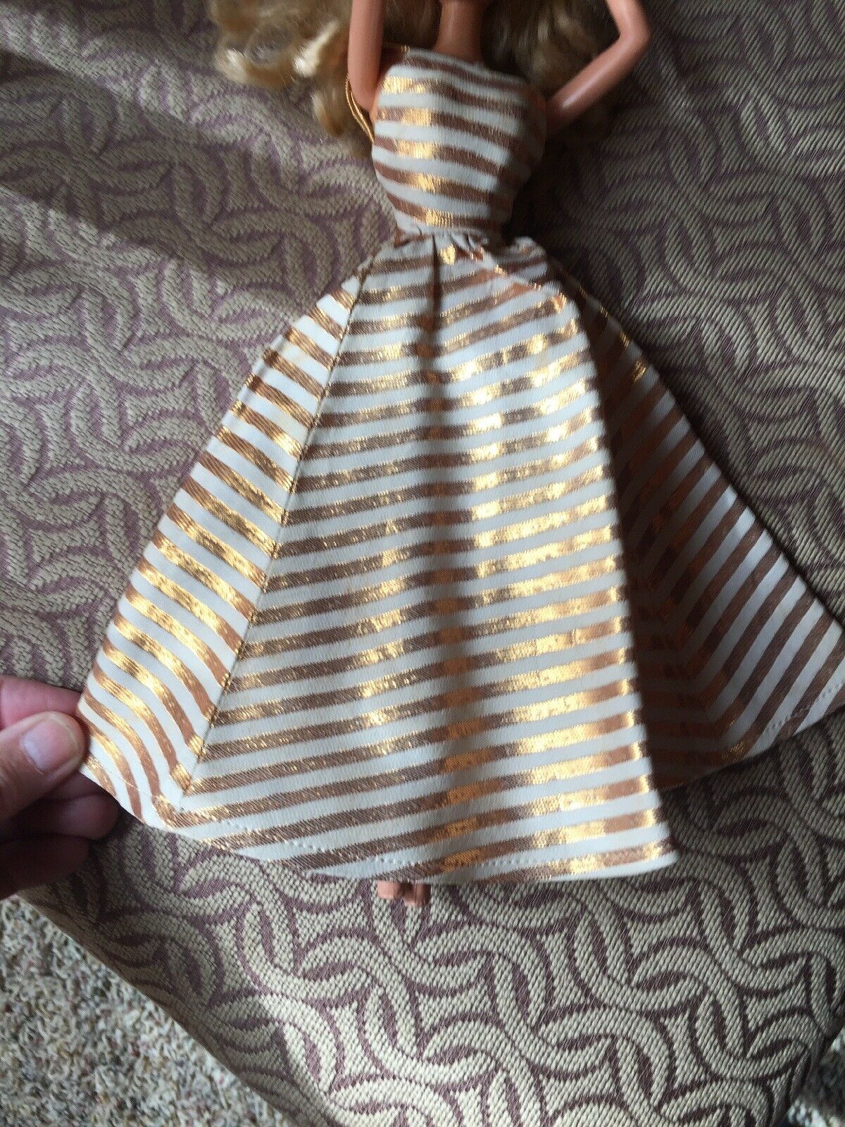 Vintage Barbie 1639 Holiday Dance Gold And White Striped Dress | #19773742