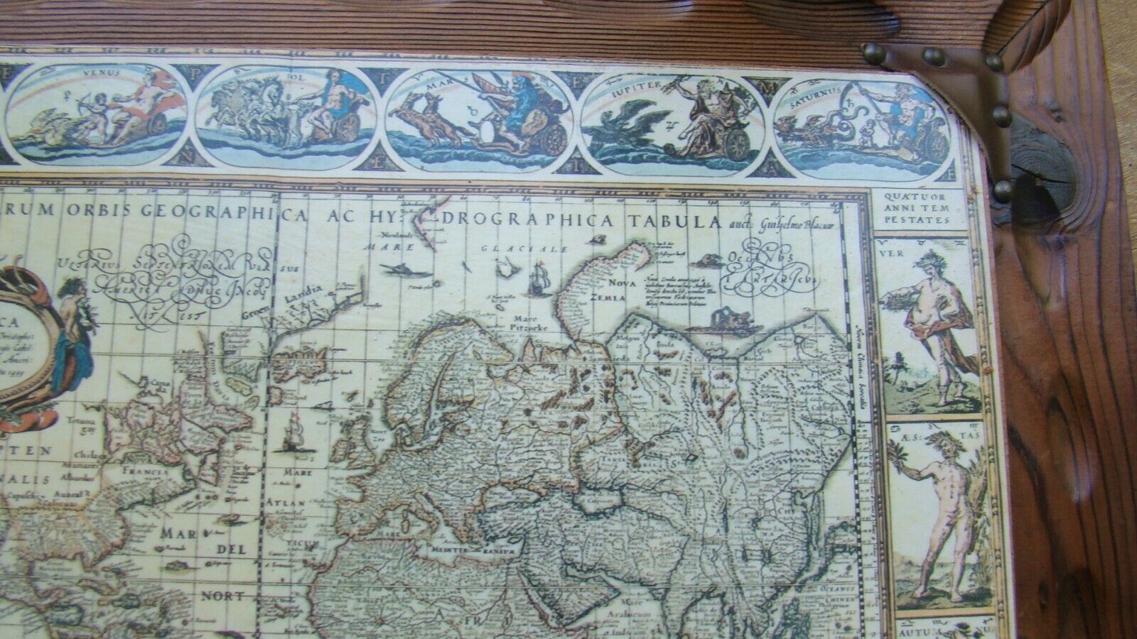 Old Vintage Map Of The World Mounted On An Old Decorative Wooden Frame ...