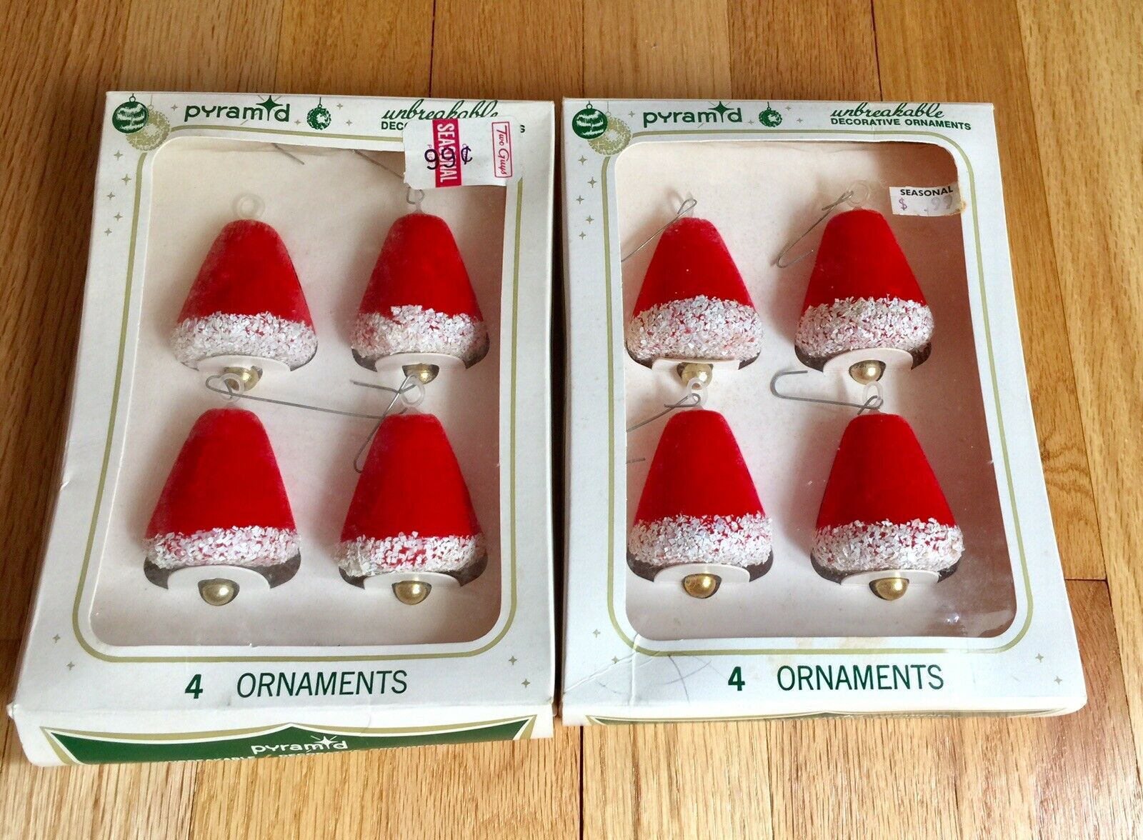 2 Boxes Of Rare Vintage Pyramid Red Flocked White Fleck Bell Ornaments ...
