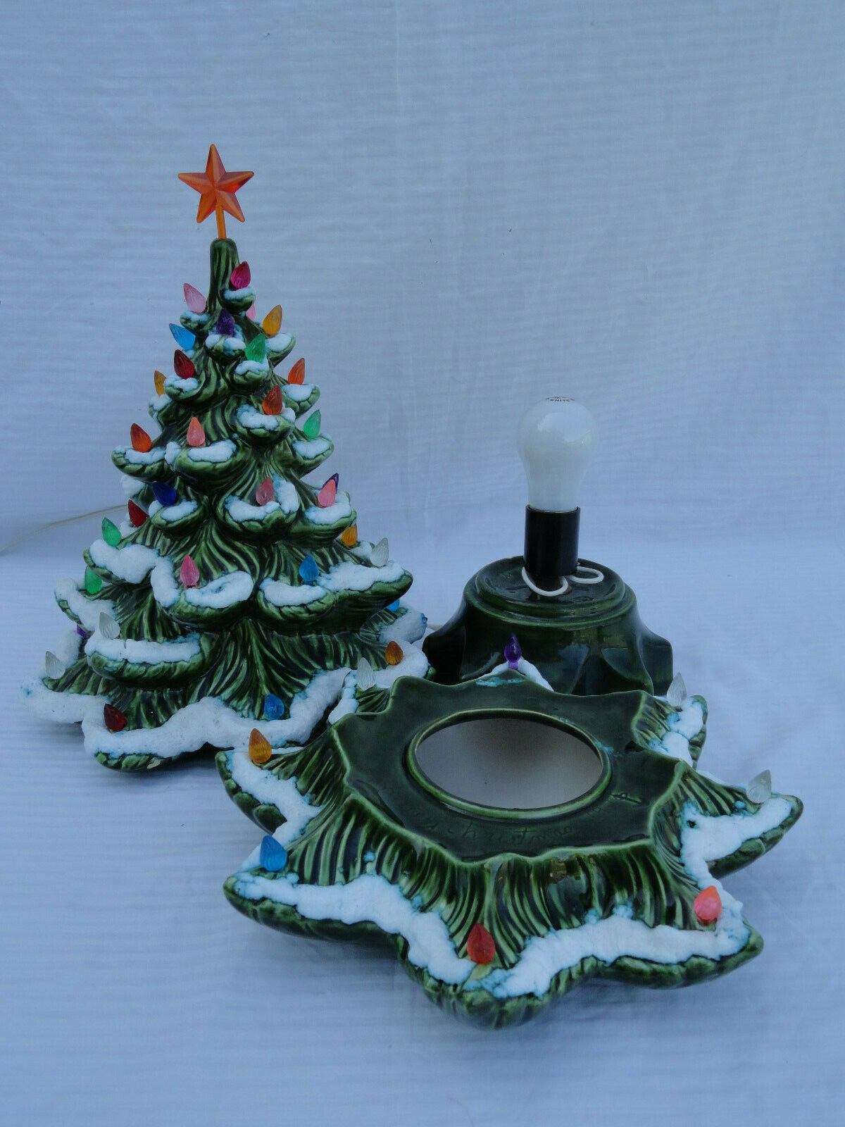RARE LARGE 3 PIECE VINTAGE ATLANTIC SNOW FLOCKED LIGHTED CERAMIC ...