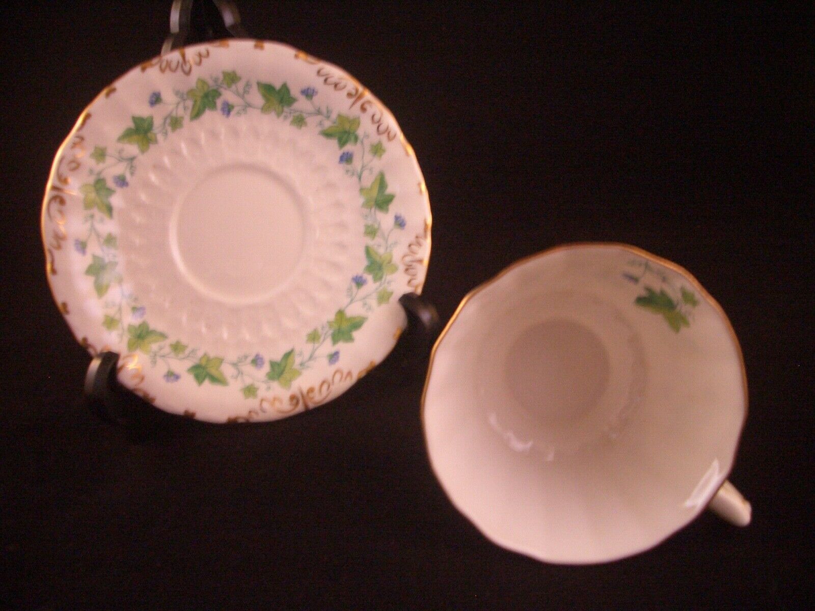 Royal Crown Derby Tea Cup And Saucer – Green Ivy Leaf Design With Blue ...