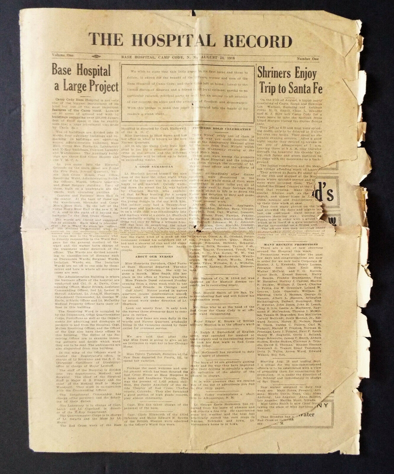 RARE 1918 HOSPITAL RECORD NEWSPAPER FROM CAMP CODY NM | #19809504
