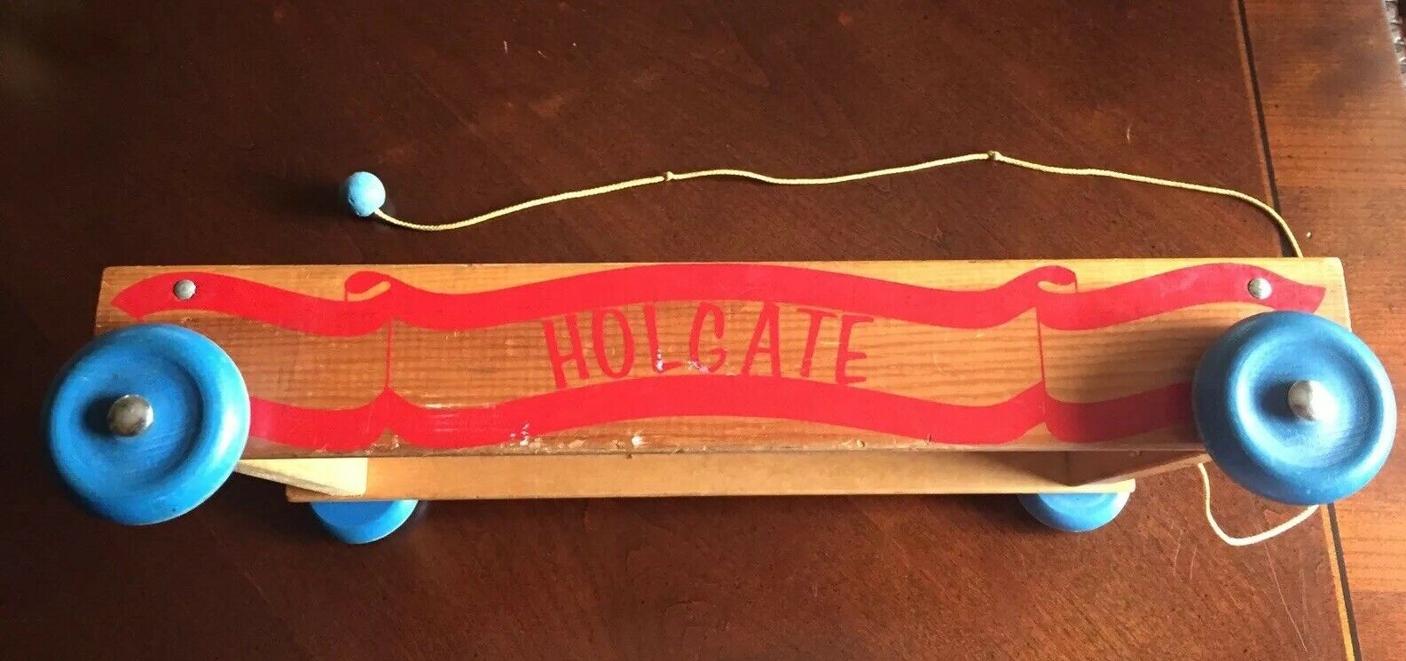 VINTAGE HOLGATE WOODEN WAGON PULL TOY BLUE WHEELS RARE LOGO | #19892660