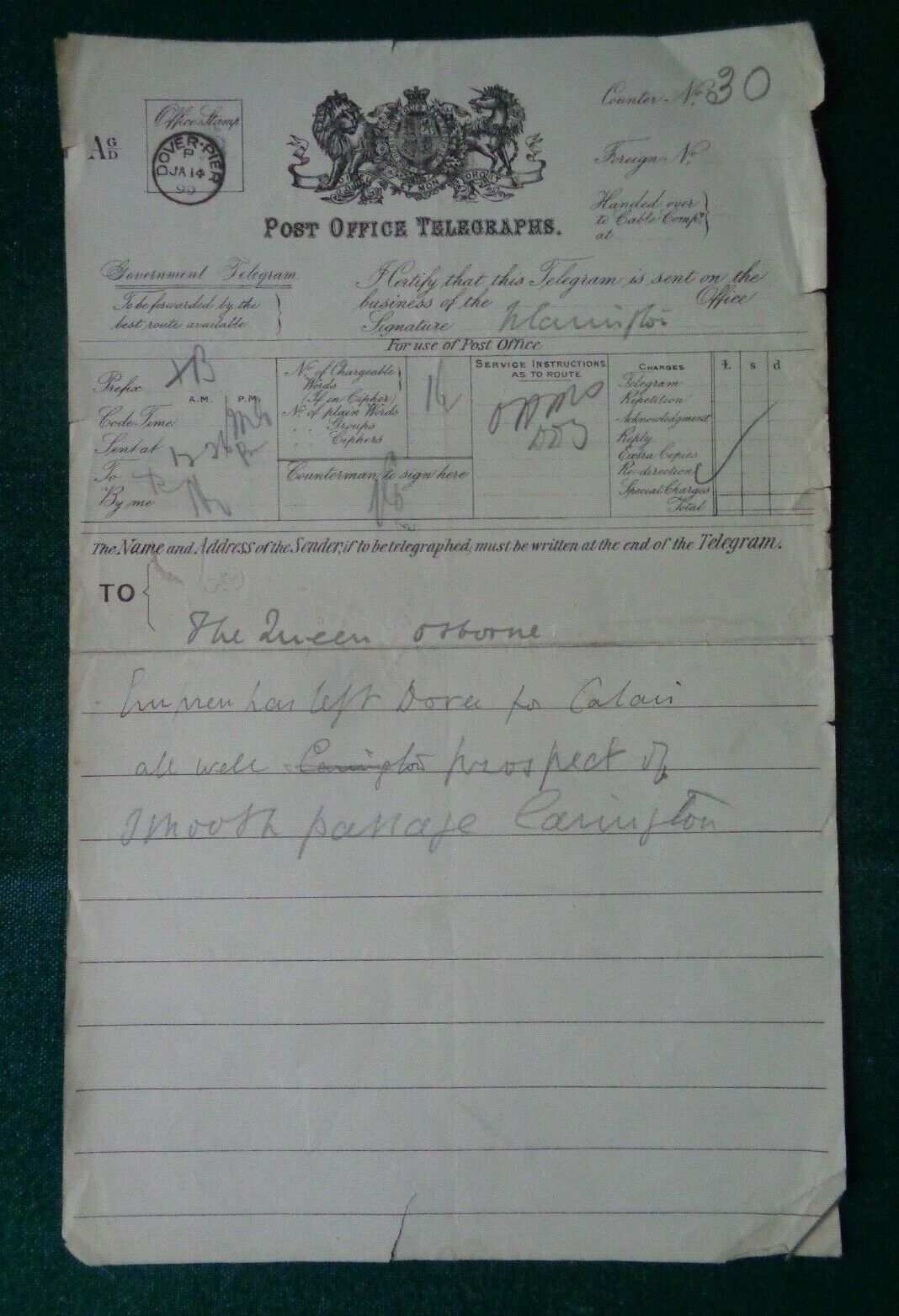 Antique Royal Telegram Queen Victoria Dover Pier Empress Hohenzollern ...
