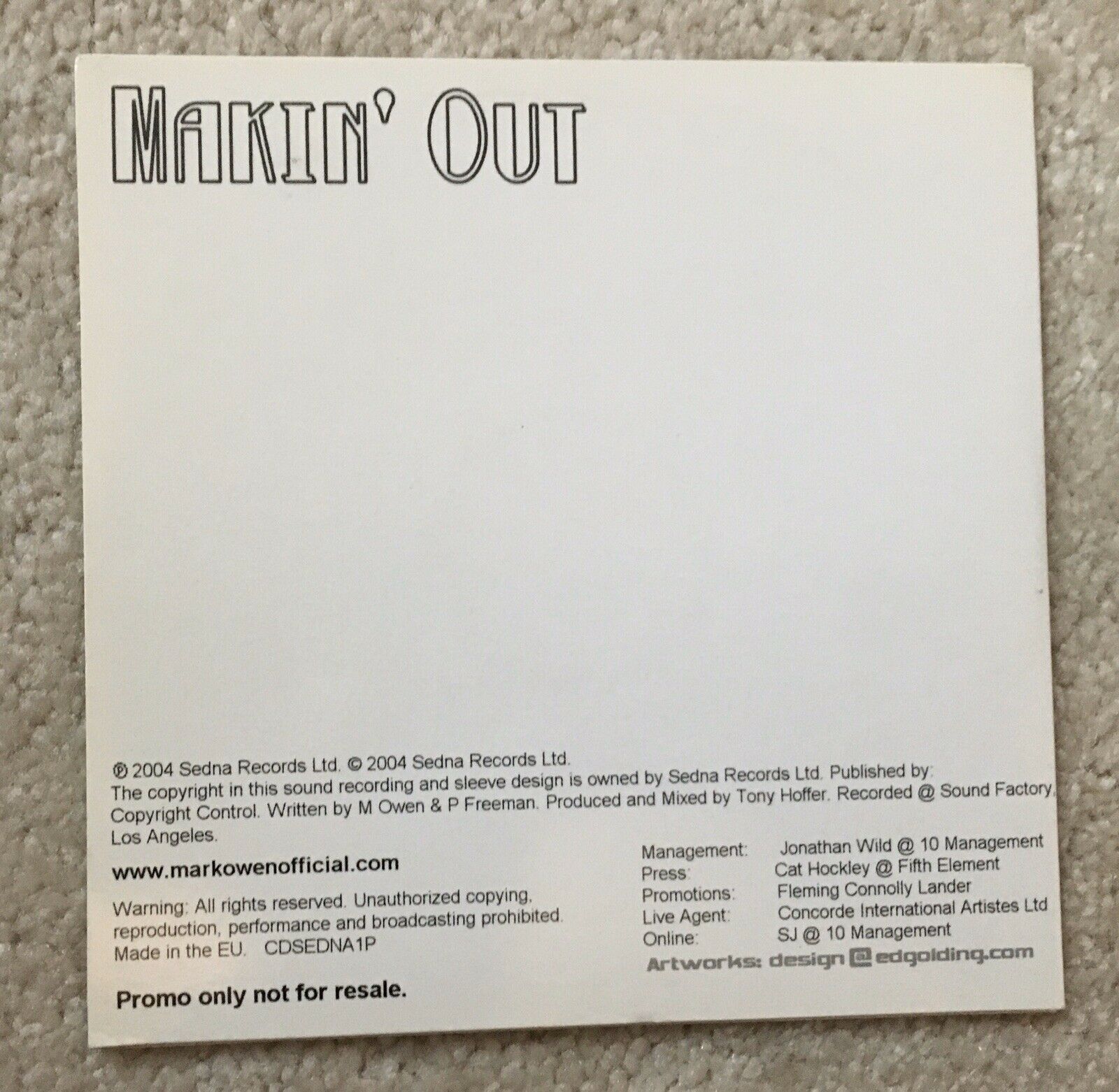 Mark Owen (Take That) - Makin’ Out Promotional CD Single (Mega Rare ...