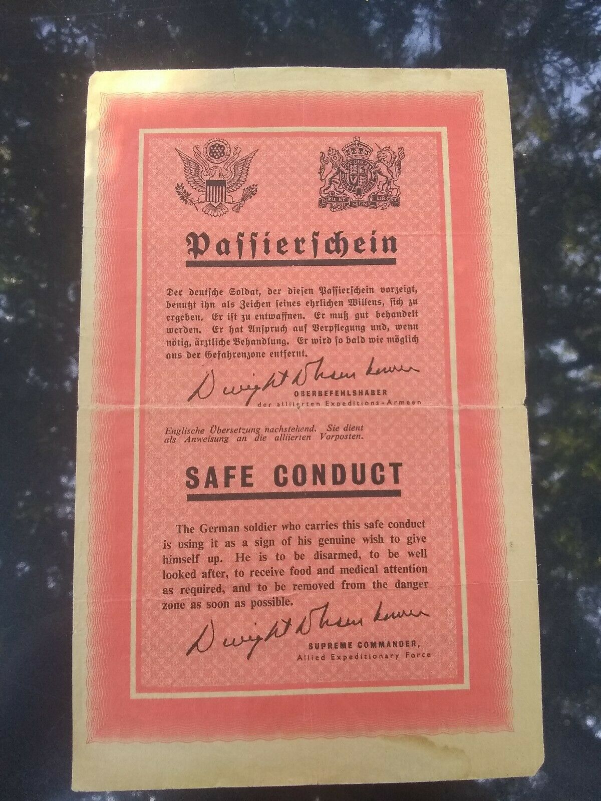 Rare WW2 U. S. Army Allied Forces Safe Conduct Pass For German Soldiers ...