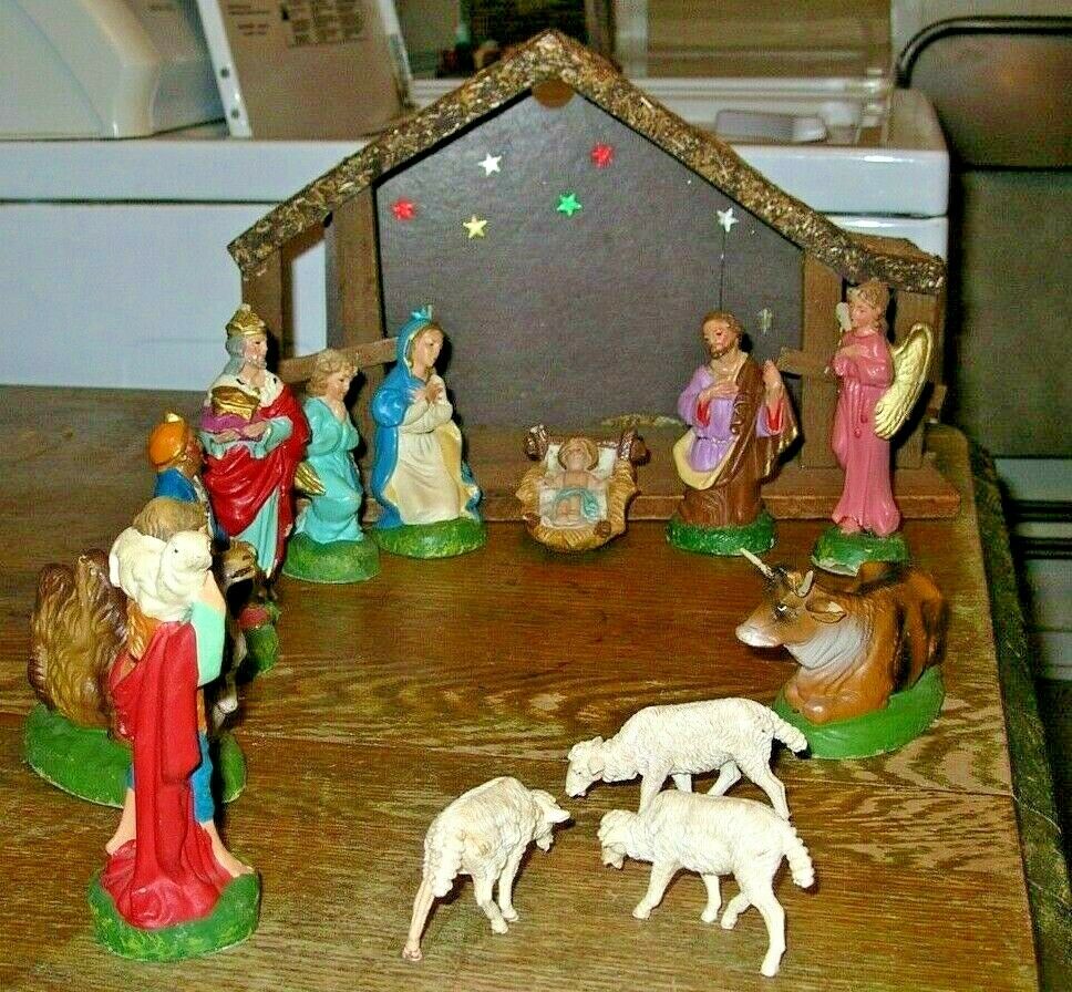 Antique Vintage Christmas Italy Hand Painted Nativity Set With Stable ...