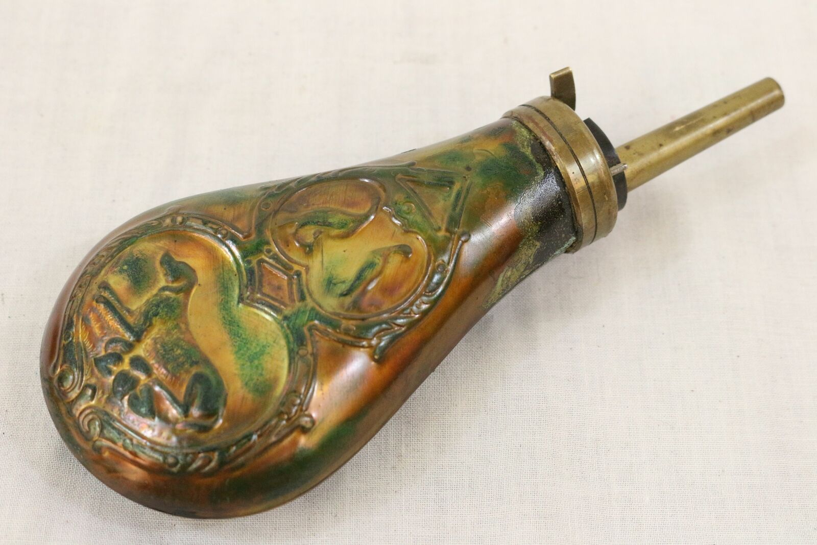 Antique/Vtg Embossed Brass Powder Flask In Suede Pouch | #20069853