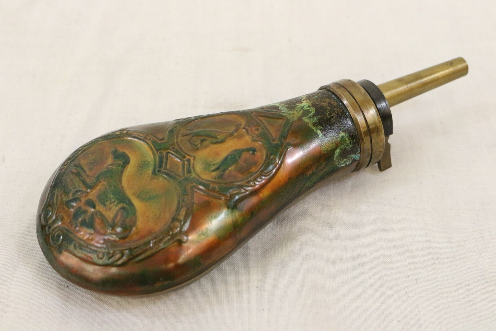 Antique/Vtg Embossed Brass Powder Flask In Suede Pouch | #20069853