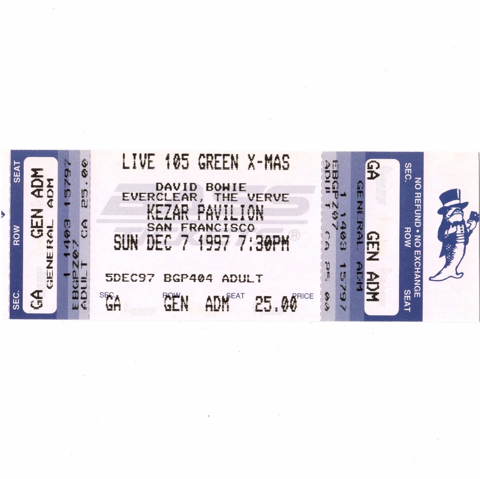 DAVID BOWIE Full Concert Ticket Stub SF KEZAR 12/7/97 XMAS EARTHLING ...