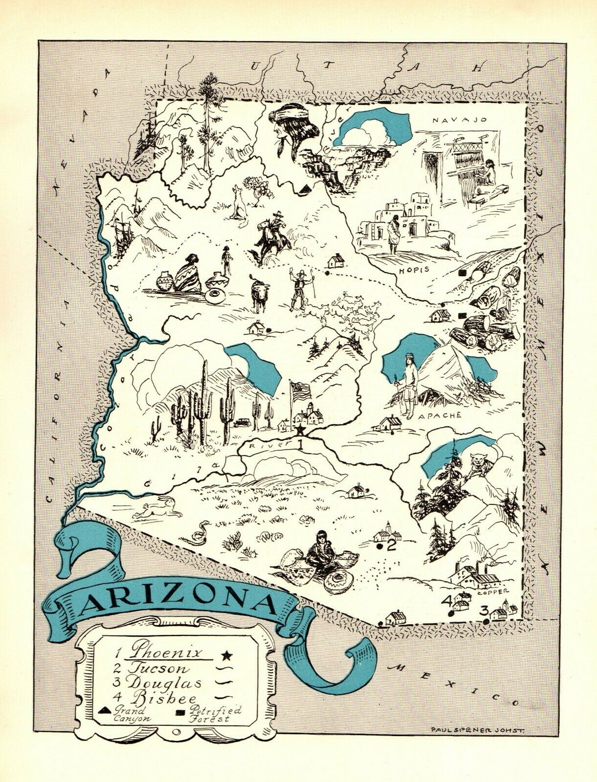 1930s Antique ARIZONA State Map RARE Animated Picture Map Of Arizona ...