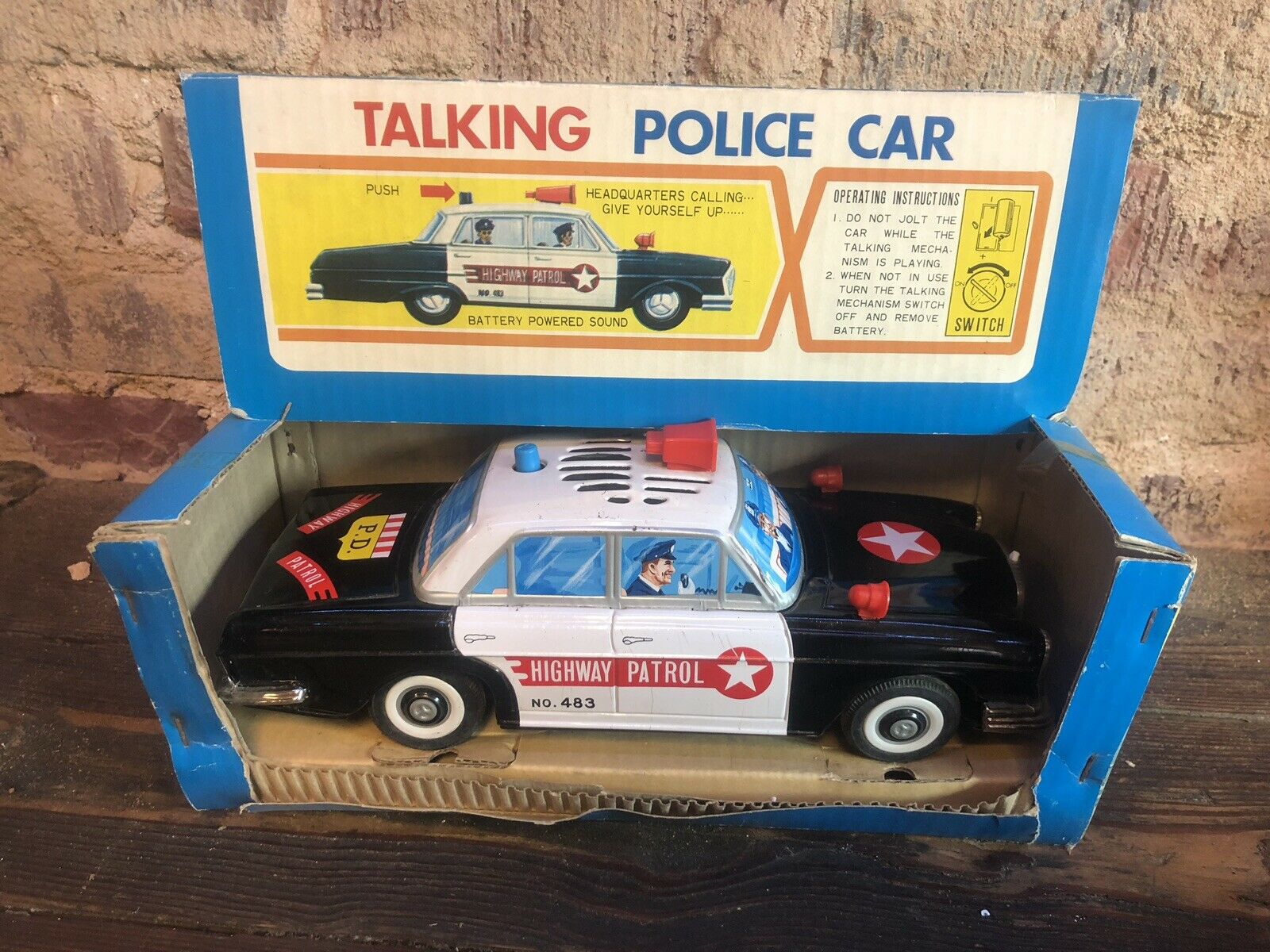 YONEZAWA VINTAGE TIN TALKING POLICE CAR W/ORIGINAL BOX Friction Toy ...