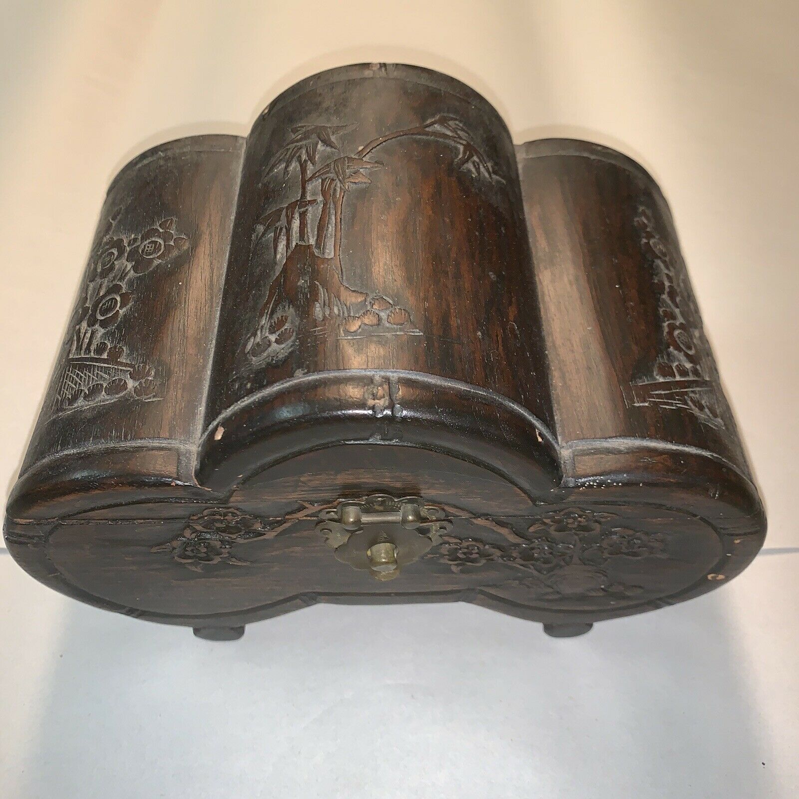 Antique Chinese Wood Box Ornately Carved With Brass Accents And Vintage ...