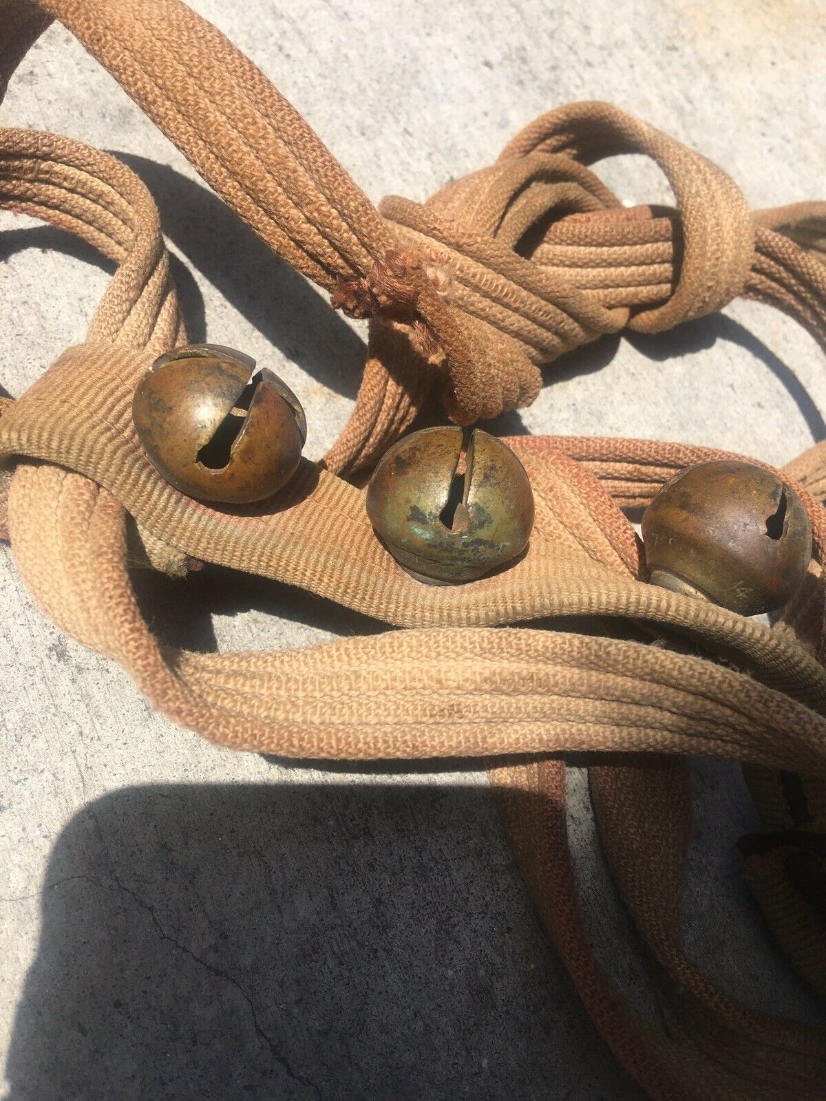 Primitive Antique 4 Brass Horse Sleigh Jingle Bells On Strap Harness ...