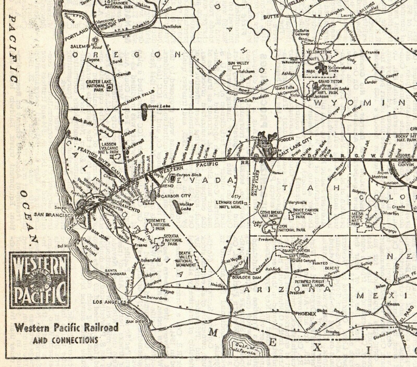 1947 Antique WESTERN PACIFIC Railroad Map FEATHER RIVER Route Railway ...