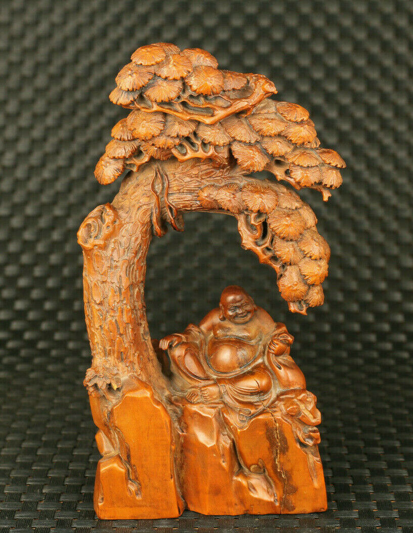 Unique Chinese Old Boxwood Hand Carved Pine Tree Buddha Statue Figure ...