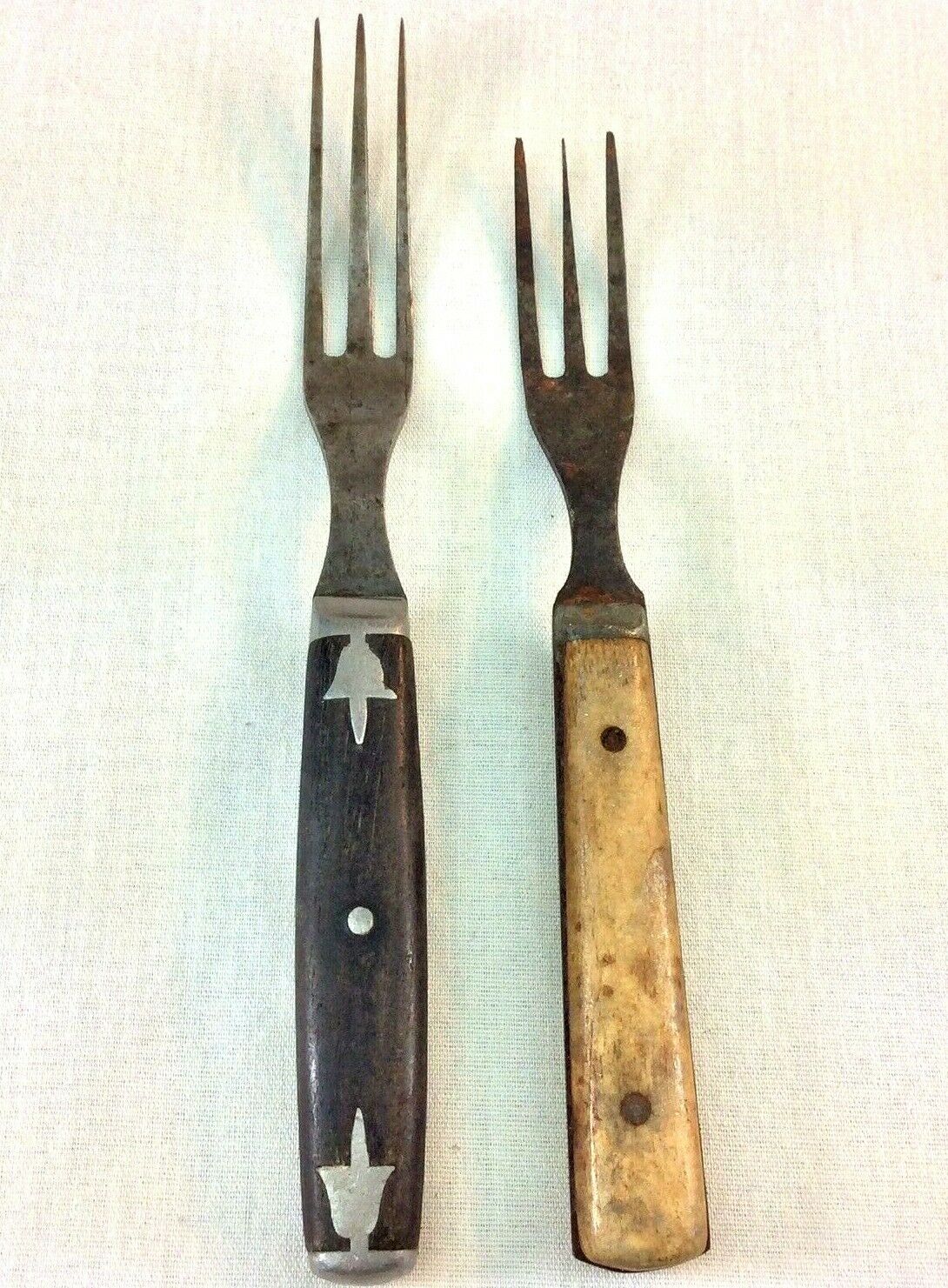 Antique Forks Civil War Era 3 Prong Pewter Inlay Wooden Handles Riveted ...