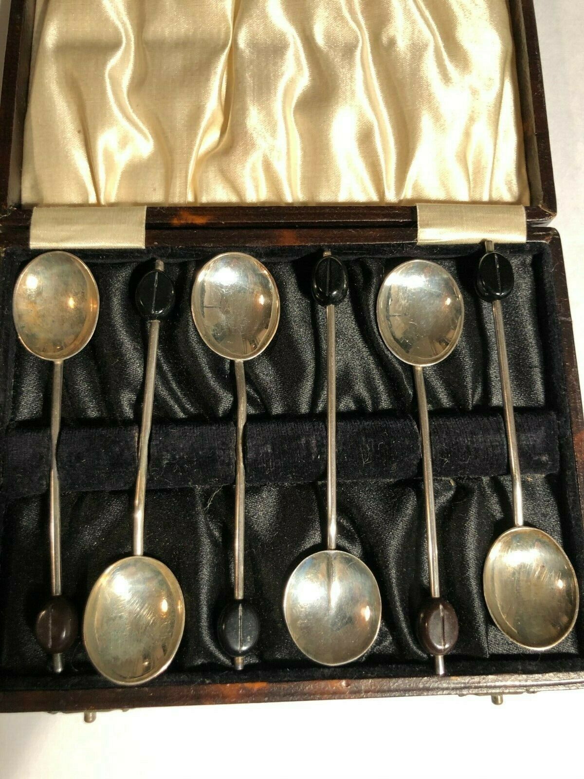 CASED SET 6 SOLID SILVER “BEAN HANDLED” COFFEE SPOONS | #20463563