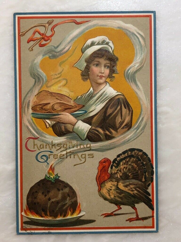 C 1910 THANKSGIVING PILGRIM Turkey Postcard ANTIQUE Embossed GERMANY ...