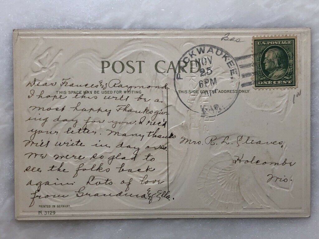 C 1910 THANKSGIVING PILGRIM Turkey Postcard ANTIQUE Embossed GERMANY ...