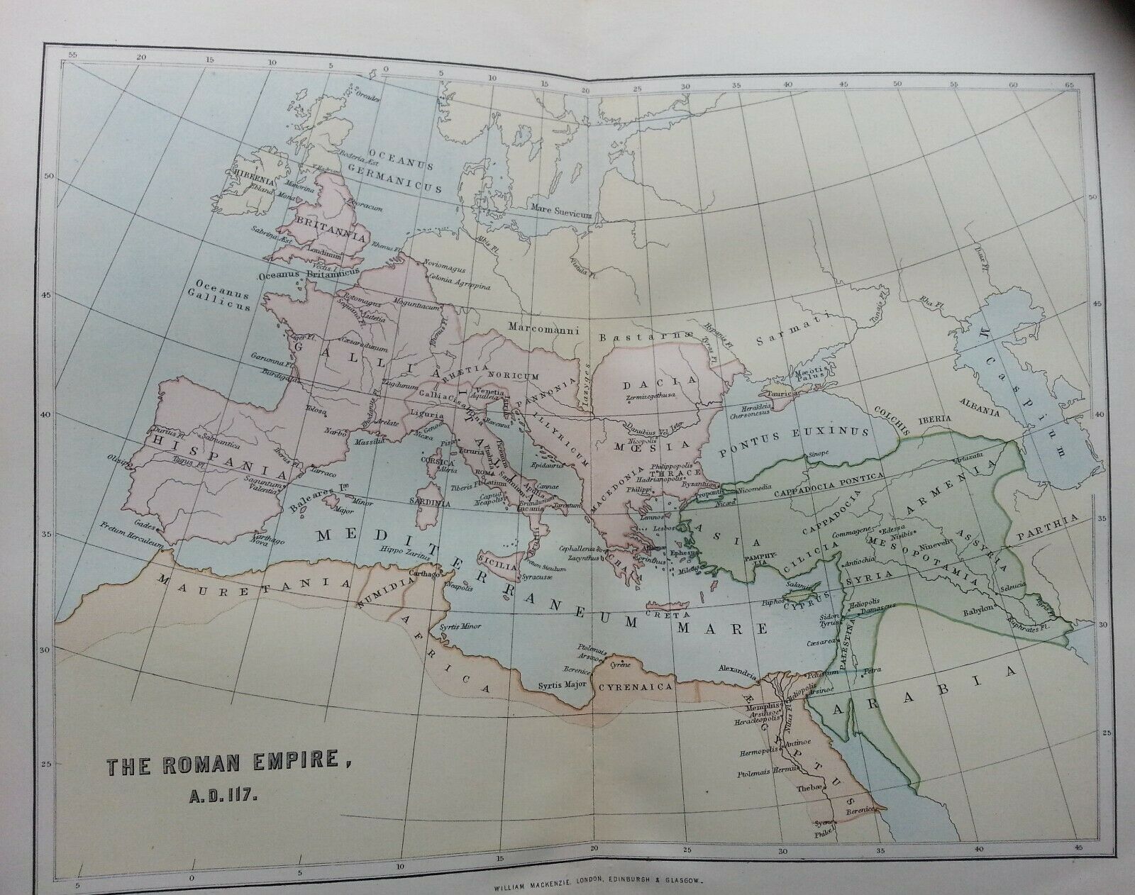 ANTIQUE PRINT C1870S MAP OF THE ROMAN EMPIRE A. D 117 COLOUR MAP OF THE ...